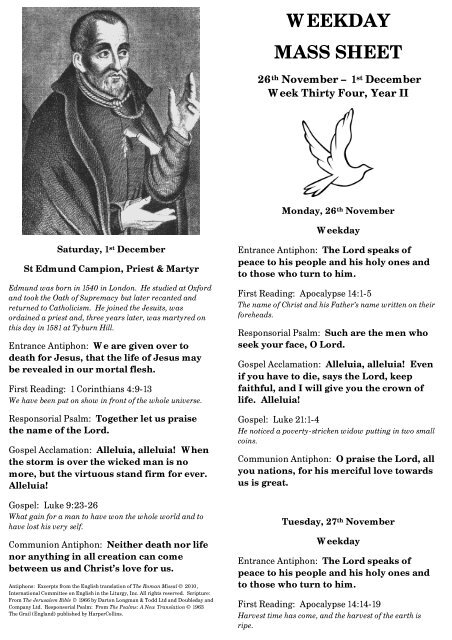 WEEKDAY MASS SHEET - Coventry Catholic Deanery