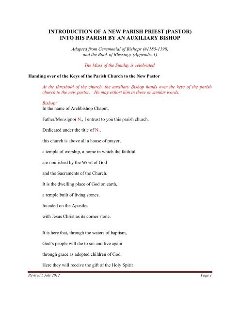 INTRODUCTION OF A NEW PARISH PRIEST (PASTOR) INTO HIS ...