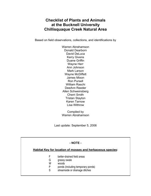 Checklist of the Natural Area Plants and Animals - Bucknell University