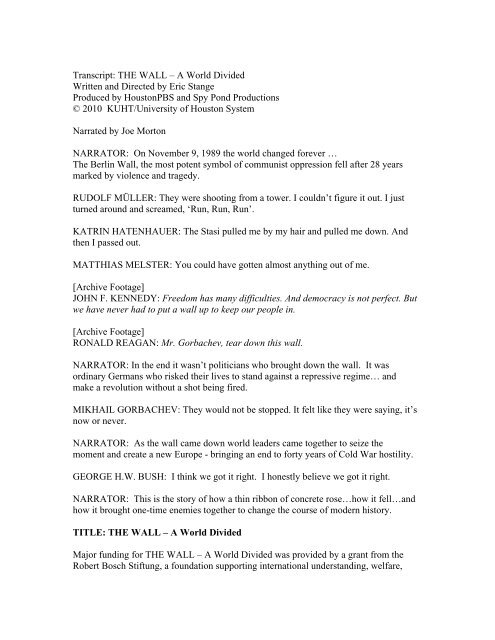 Transcript: THE WALL – A World Divided Written and ... - HoustonPBS