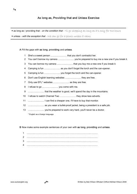 As long as, Providing that and Unless Exercise - autoenglish.org