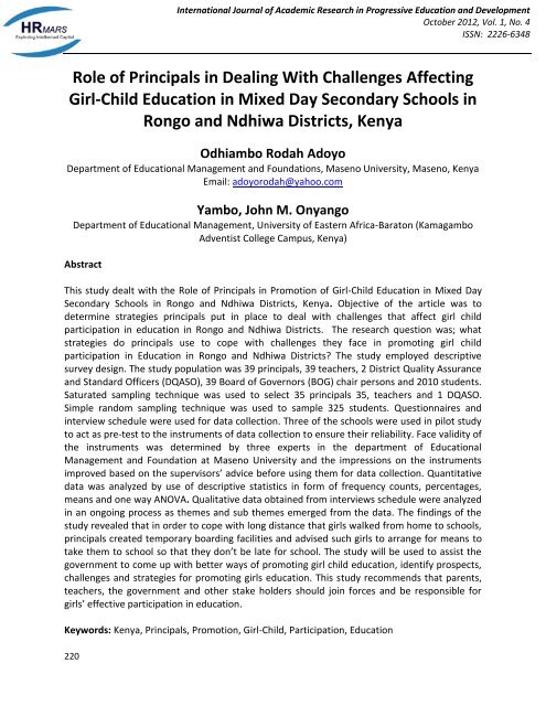 Role of Principals in Dealing With Challenges Affecting Girl-Child ...