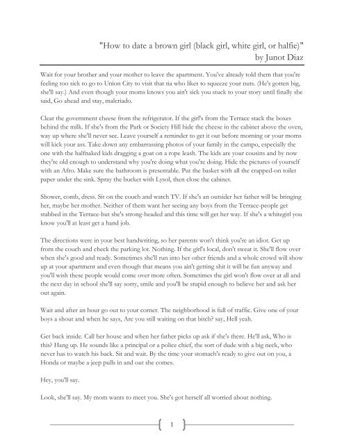 "How to date a brown girl (black girl, white girl, or halfie)" by Junot ...