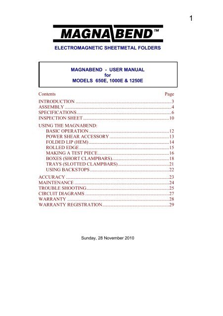 Electromagnetic sheetmetal folders magnabend - user manual