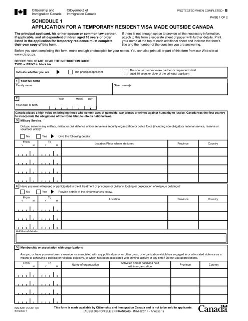 Imm 5257e Schedule 1 Application For A Temporary Visum De