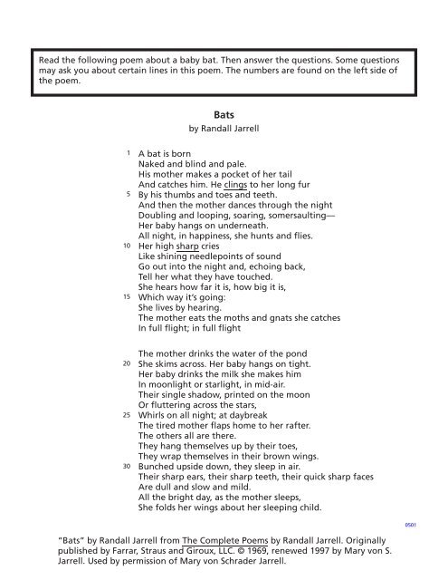 by Randall Jarrell A bat is born Naked and blind and pale. His ...