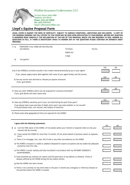 Lloyd's Equine Proposal Form - Wildlife Insurance Underwriters