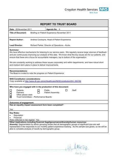 REPORT TO TRUST BOARD - Croydon Health Services NHS Trust