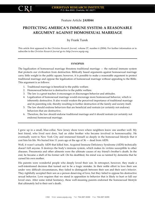 protecting america's immune system - Christian Research Institute