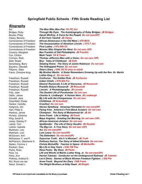 Fifth Grade Reading List Biography - Springfield Free Public Library