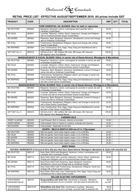 PRICE LIST - Balanced Essentials Aromatherapy and Essential Oils
