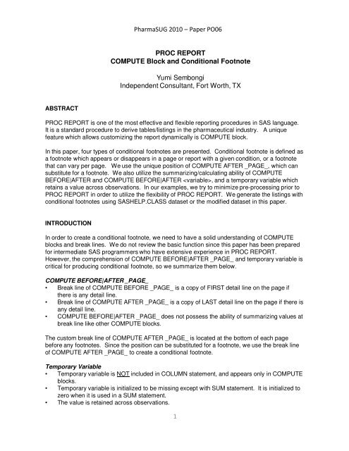 PROC REPORT - Compute Block and Conditional Footnote PROC REPORT - Compute Block and Conditional Footnote