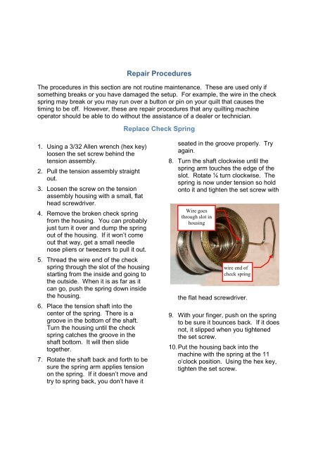 Repair Procedures - KenQuilt Machines