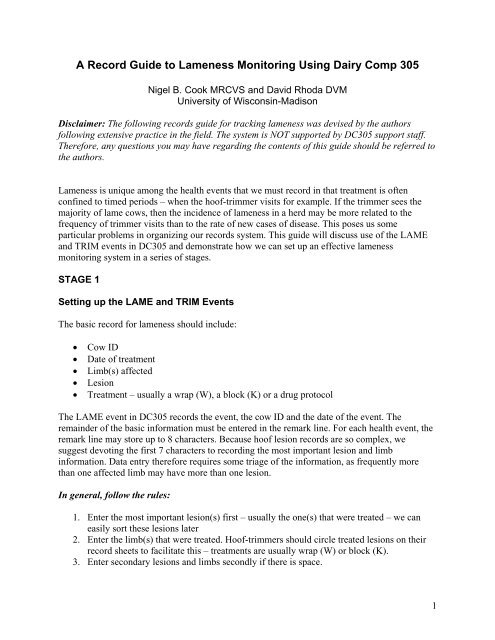 A Guide to Recording Lameness Using Dairy Comp 305