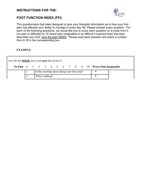 INSTRUCTIONS FOR THE: FOOT FUNCTION INDEX (FFI)