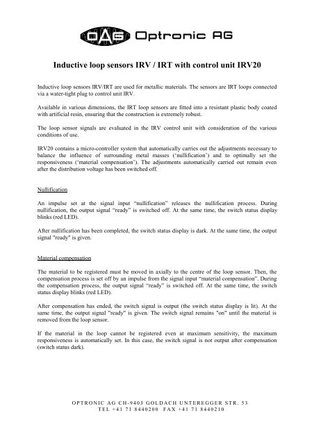 Inductive loop sensors IRV / IRT with control unit IRV20 - Optronic AG