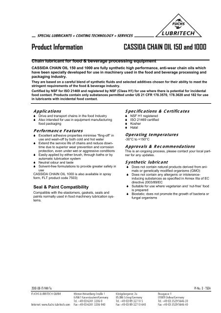 FUCHS Product Data Sheets - Food - Lubri-Expert