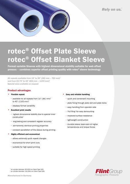 rotec® Offset Plate Sleeve rotec® Offset Blanket Sleeve - Flint Group