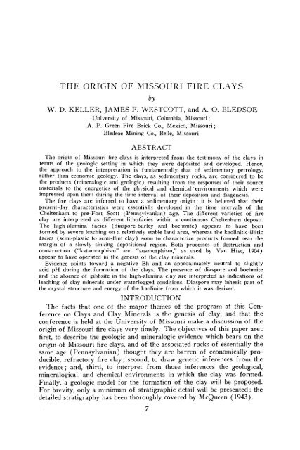 THE ORIGIN OF MISSOURI FIRE CLAYS - Clay Minerals Society
