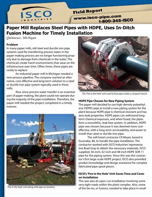 Paper Mill Replaces Steel Pipes with HDPE, Uses ... - ISCO Industries