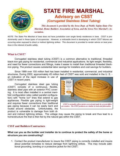 STATE FIRE MARSHAL Advisory on CSST - Iowa Department of ...