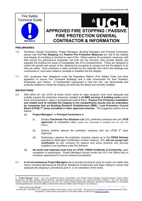 APPROVED FIRE STOPPING / PASSIVE FIRE PROTECTION ... - UCL
