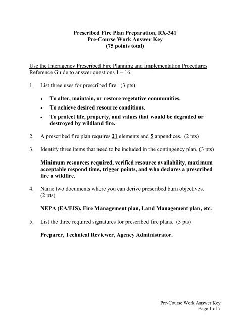Prescribed Fire Plan Preparation, RX-341 Pre-Course Work Answer ...