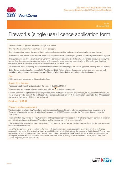 Fireworks (single use) licence application form - WorkCover NSW