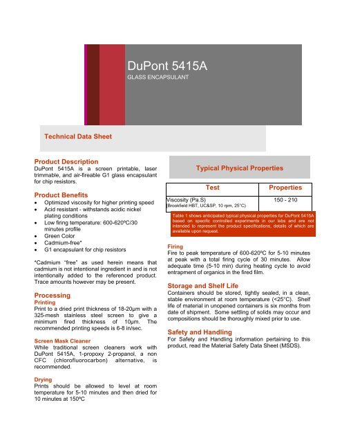 5415A Glass Encapsulant for Chip Resistors - DuPont