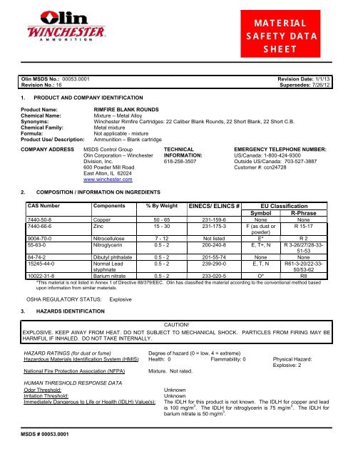 MATERIAL SAFETY DATA SHEET - Winchester Ammunition