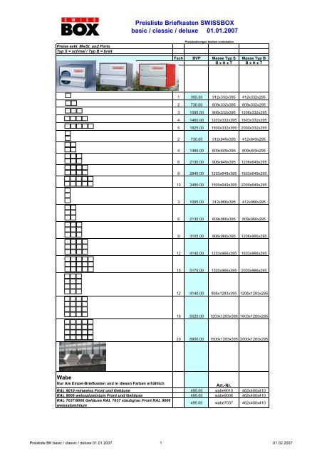 Preisliste SWISSBOX basic_classic_deluxe 2007
