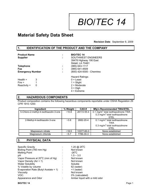 Southwest Engineers BioTEC 14 MSDS - Tri-iso, Inc.