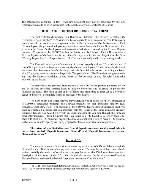 Certificate of deposit disclosure statement