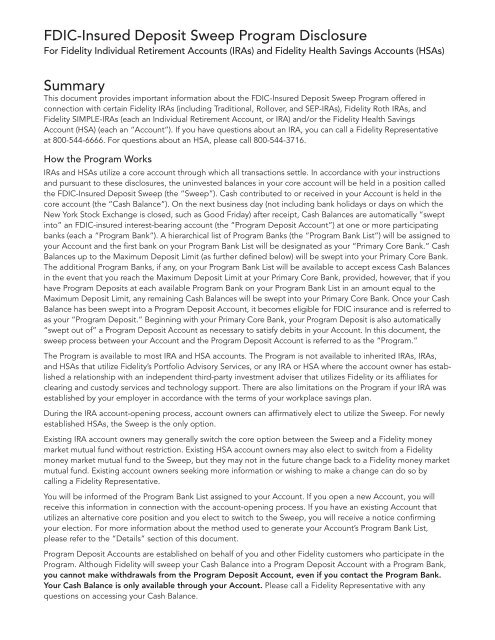 FDIC-Insured Deposit Sweep Program Disclosure Summary - Fidelity