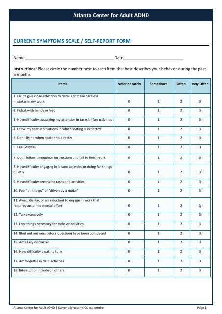 Current Symptoms Questionnaire - Atlanta-ADHD