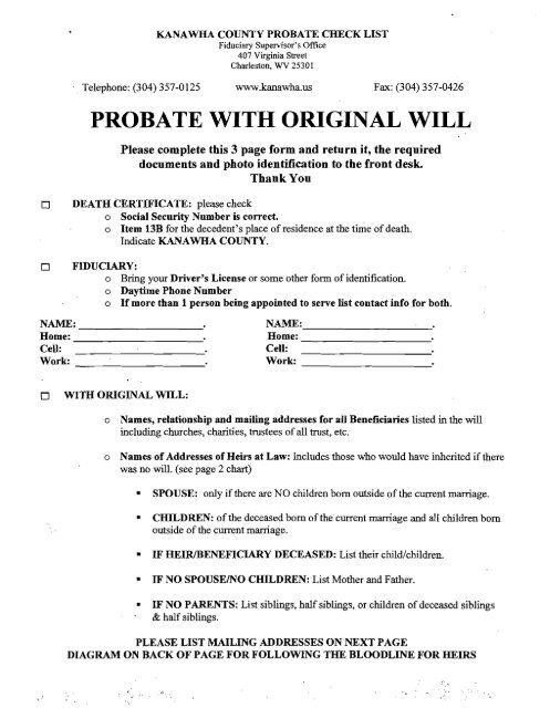 Probate Check List With Will - Kanawha County