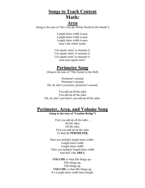 Songs to Teach Content Area Perimeter Song Perimeter, Area, and ...