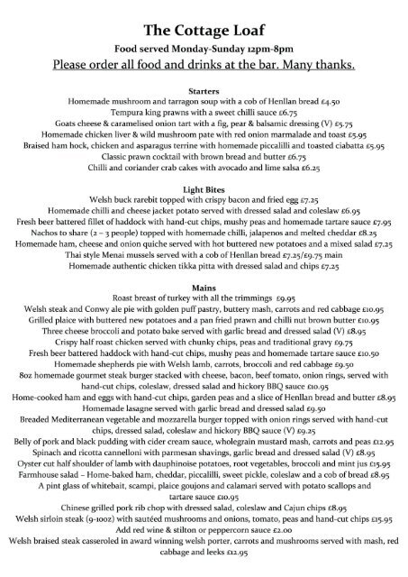 Bar Menu - The Cottage Loaf