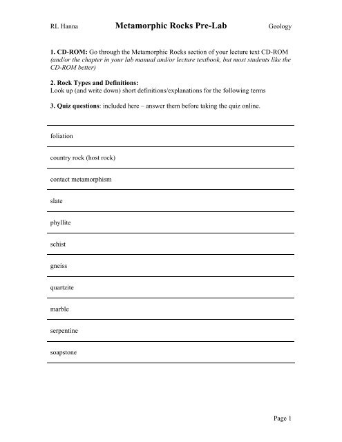 Metamorphic Rocks Pre-Lab