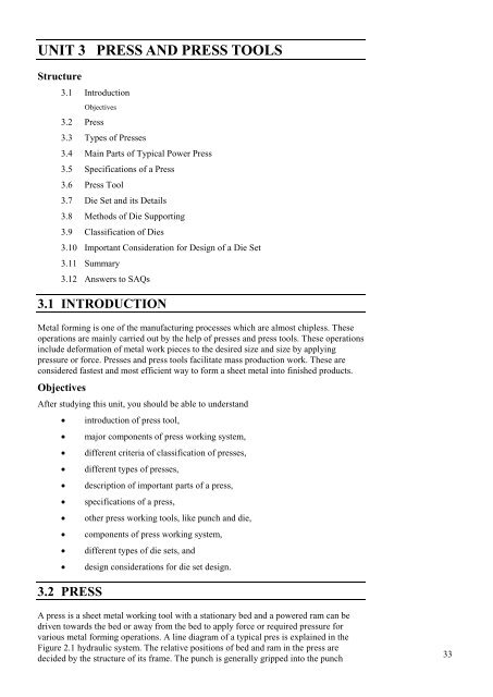 unit 3 press and press tools - IGNOU