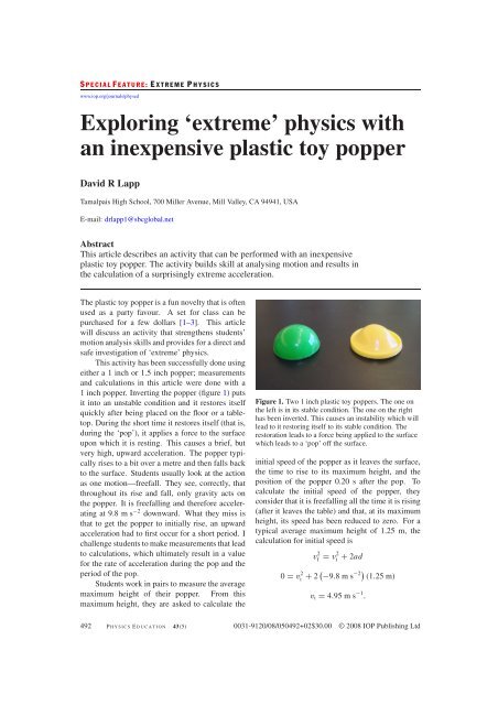 Exploring `extreme' physics with an inexpensive plastic toy popper