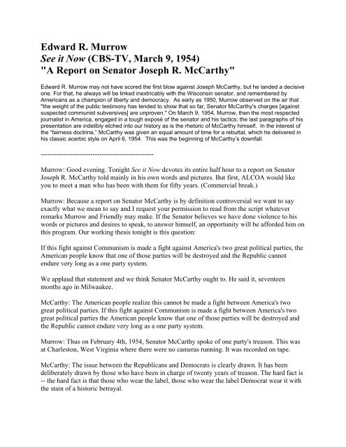 Edward R. Murrow See it Now (CBS-TV, March 9, 1954) "A Report ...