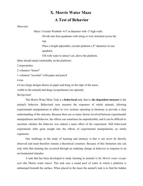 X. Morris Water Maze A Test of Behavior