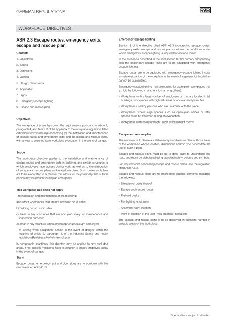 German reGulations ASR 2.3 Escape routes, emergency exits ... - RZB