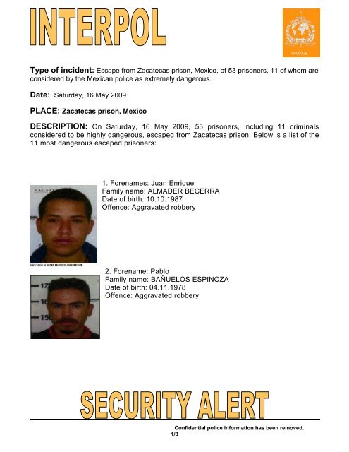Orange Notice for escaped prisoners from Mexico - Interpol