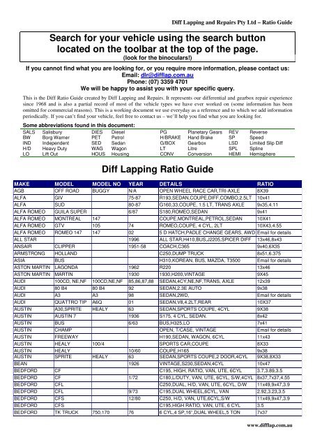 Search for your vehicle using the search button - Diff Lapping Brisbane