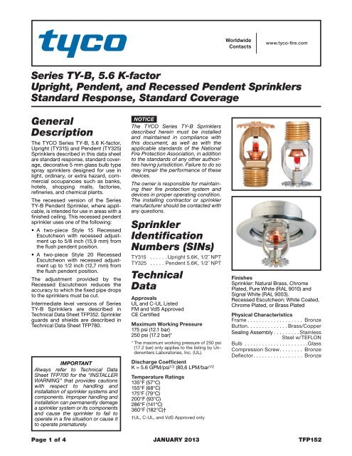 Series TY-B, 5.6 K-factor Upright, Pendent, and Recessed Pendent ...