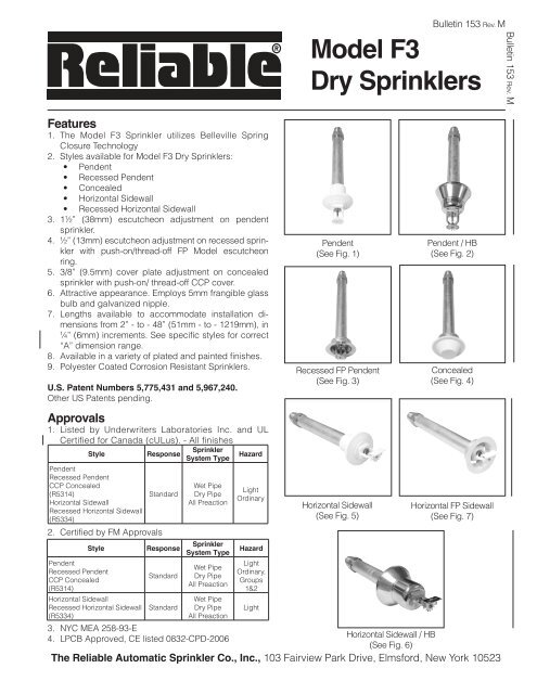 Model F3 Dry Sprinklers - Reliable Automatic Sprinkler Co.