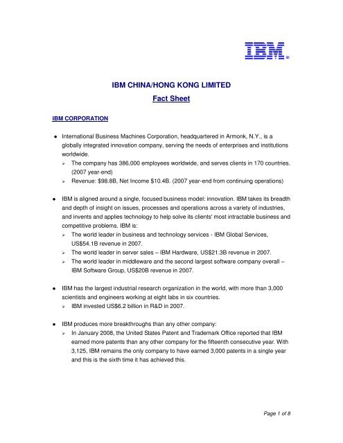 IBM CHINA/HONG KONG LIMITED Fact Sheet