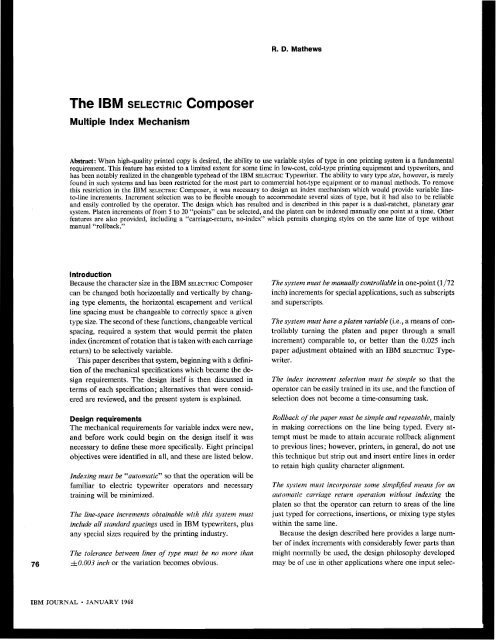 The IBM SELECTRIC Composer Multiple Index Mechanism